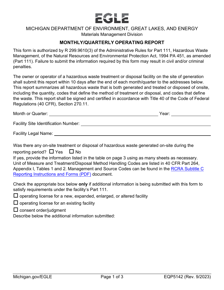 Form EQP5142 Download Fillable PDF or Fill Online Monthly/Quarterly ...