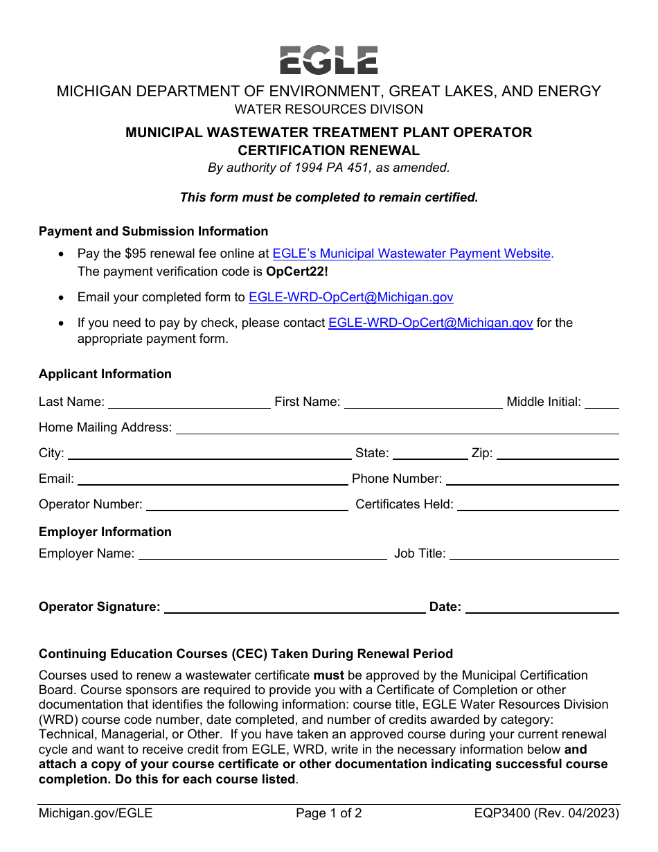 Form EQP3400 Download Fillable PDF or Fill Online Michigan Department ...