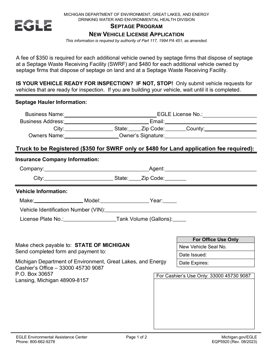 Form EQP5920 Download Fillable PDF or Fill Online New Vehicle License ...