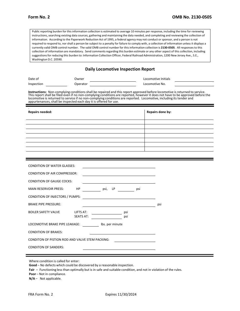 FRA Form 2 Download Fillable PDF or Fill Online Daily Locomotive ...