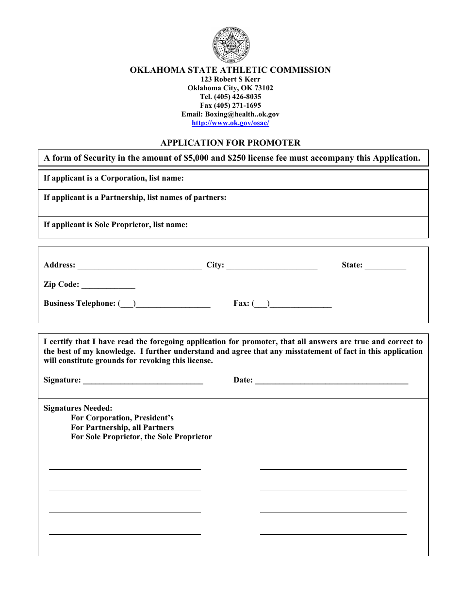 Oklahoma Application for Promoter - Fill Out, Sign Online and Download ...