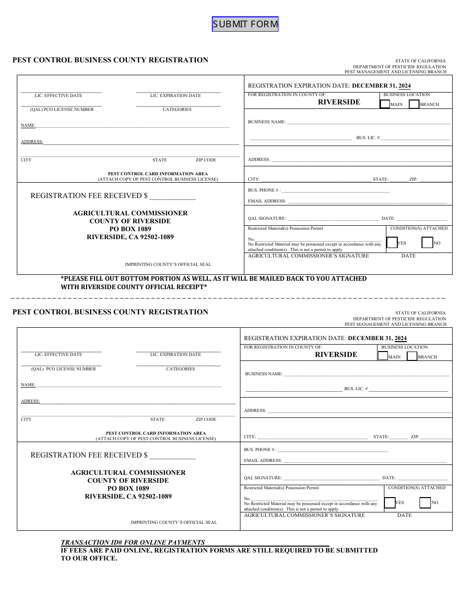 2024 County of Riverside, California Pest Control Business County Registration Download Fillable ...