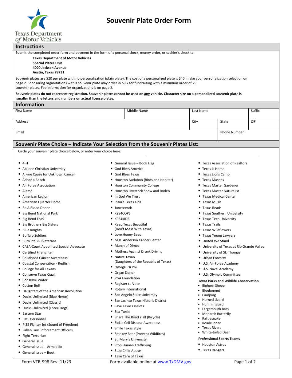 Form VTR-998 - Fill Out, Sign Online and Download Fillable PDF, Texas ...