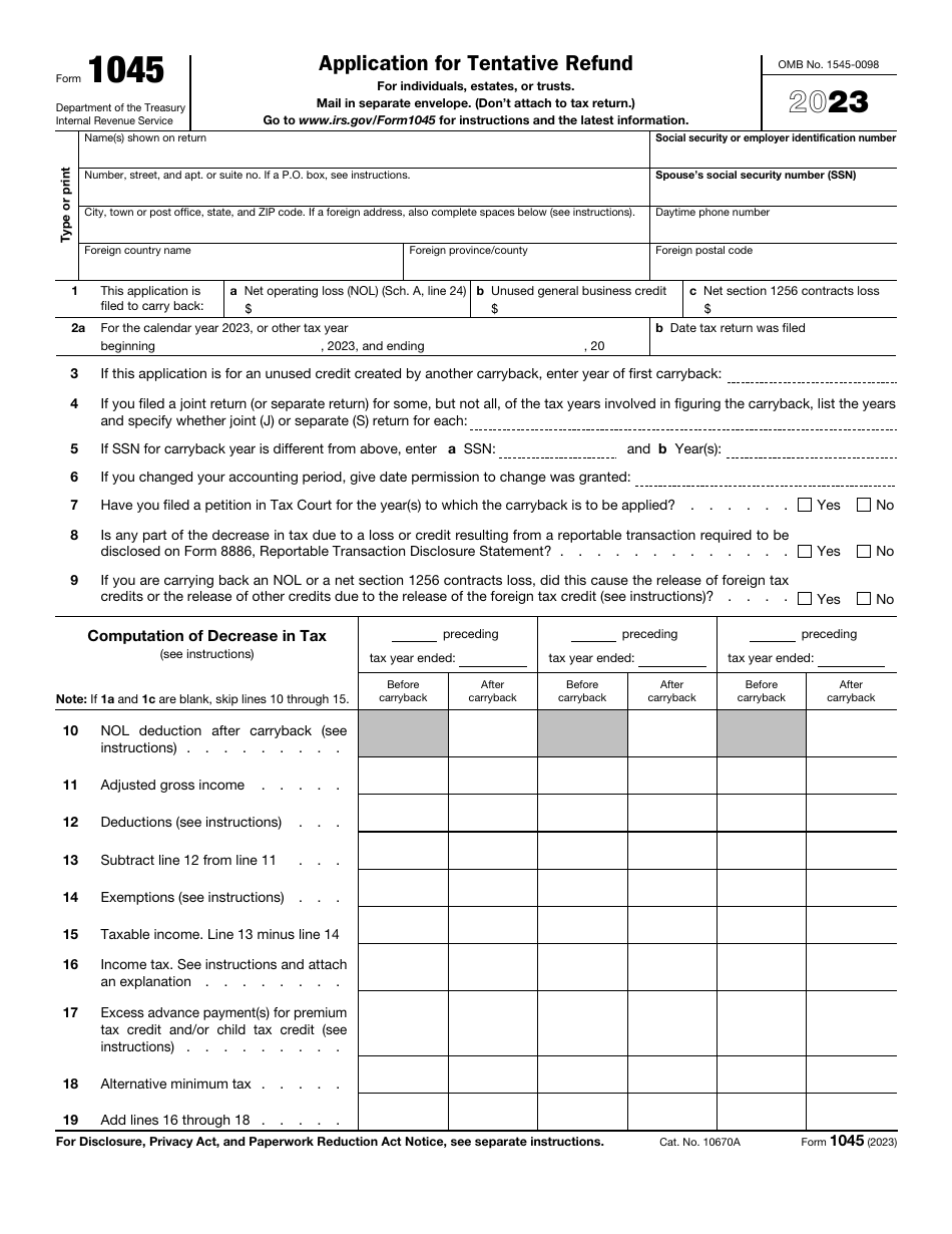 IRS Form 1045 Download Fillable PDF or Fill Online Application for ...