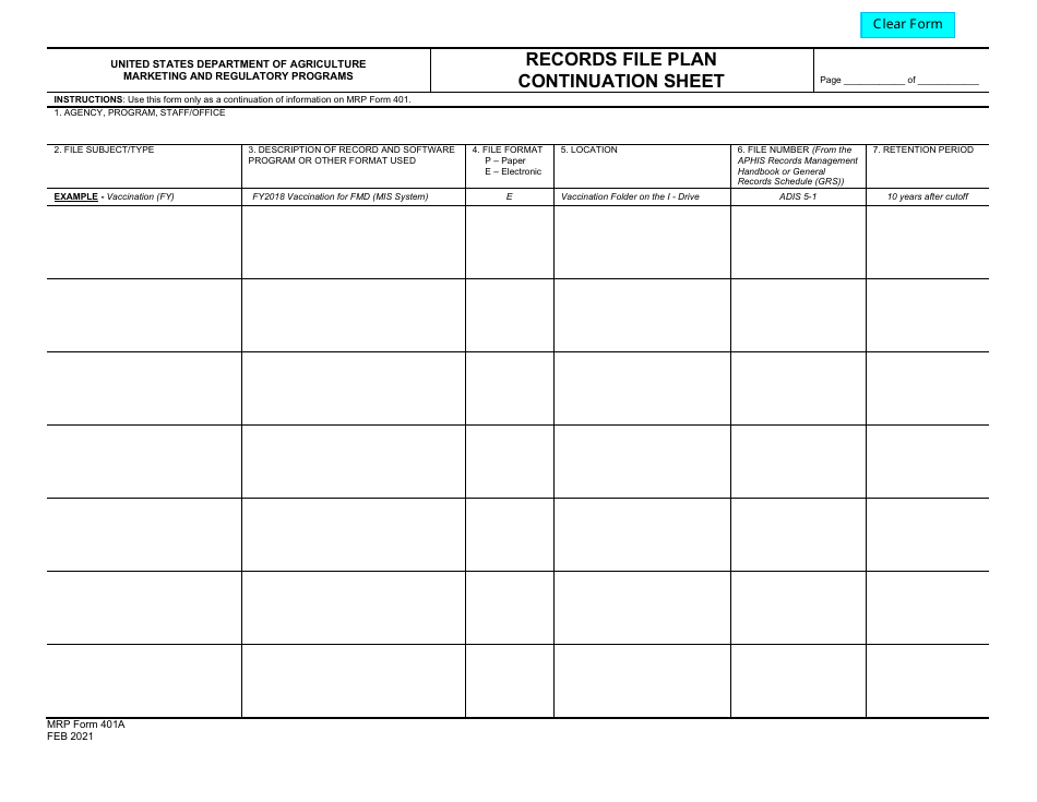 MRP Form 401A Download Fillable PDF or Fill Online Records File Plan ...