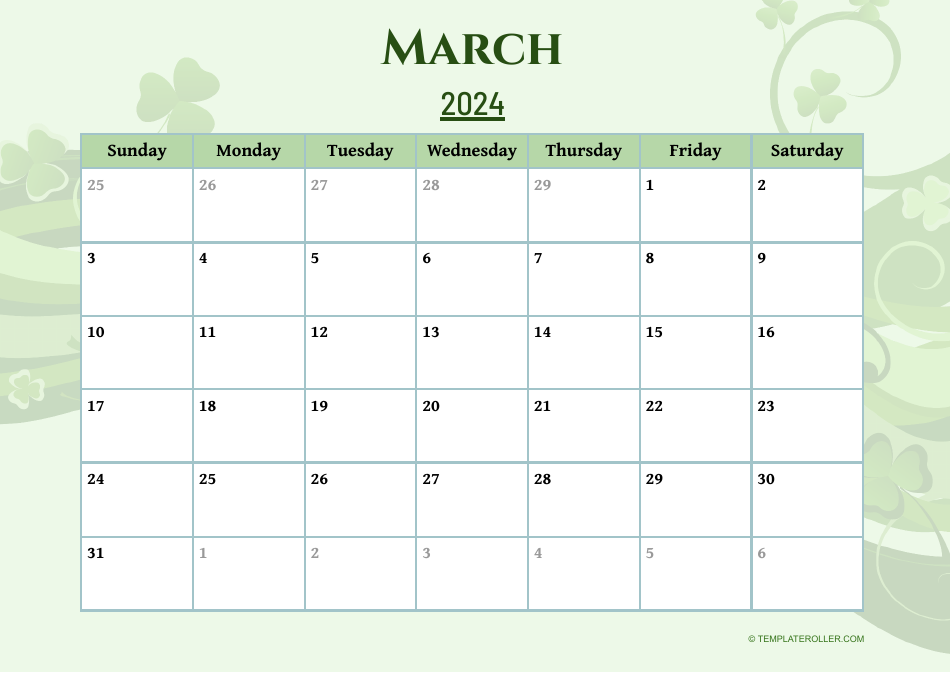 March 2024 Calendar Template Download Printable PDF | Templateroller