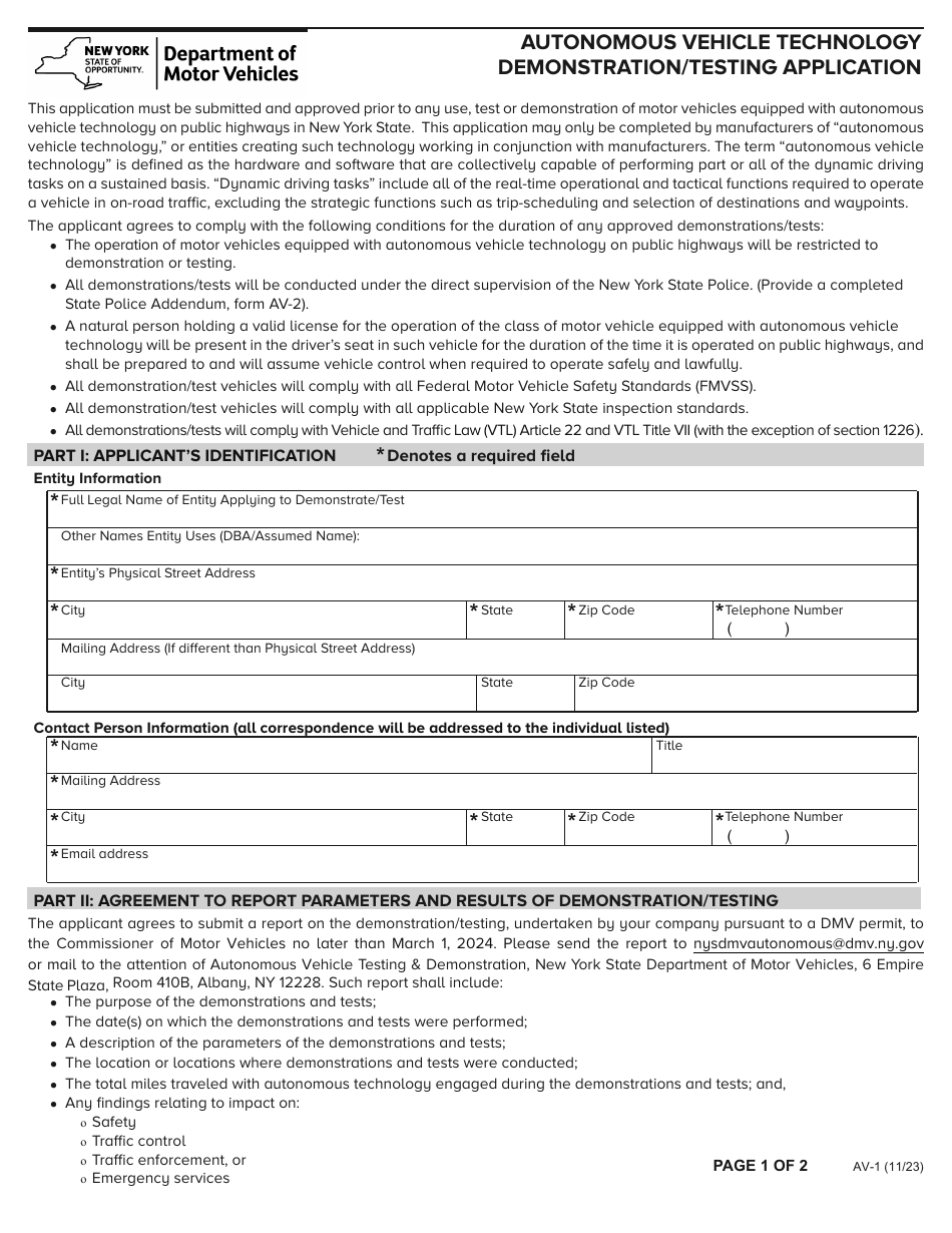 Form AV-1 - Fill Out, Sign Online and Download Fillable PDF, New York ...