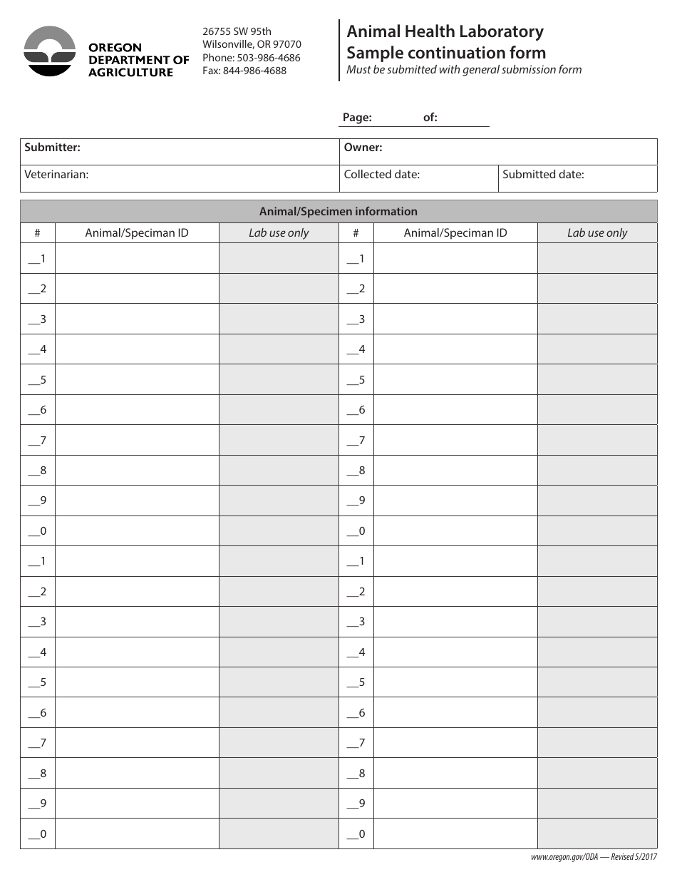 Oregon Animal Health Laboratory Sample Continuation Form - Fill Out, Sign Online and Download ...