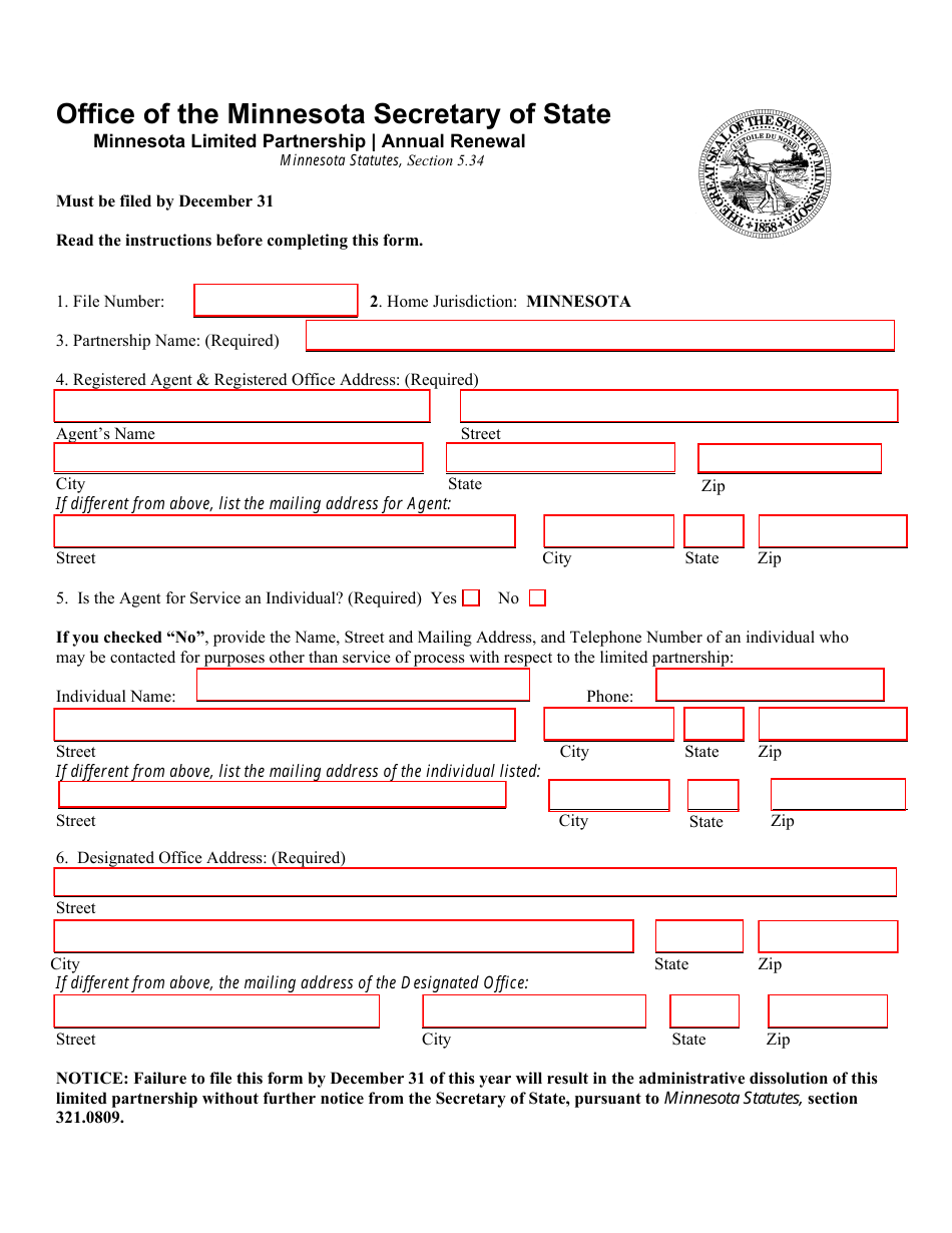 Minnesota Minnesota Limited Partnership Annual Renewal - Fill Out, Sign ...