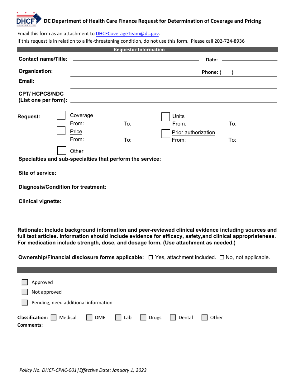 Washington, D.C. Request for Determination of Coverage and Pricing - Fill Out, Sign Online and ...