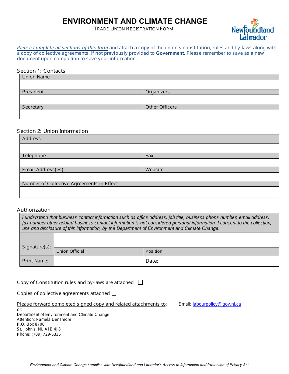 Newfoundland and Labrador Canada Trade Union Registration Form - Fill ...