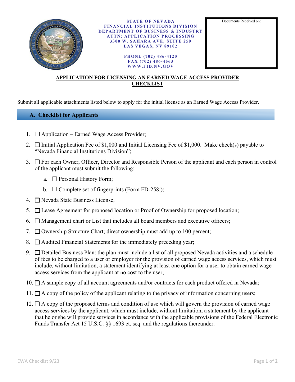 Nevada Application for Licensing an Earned Wage Access Provider ...