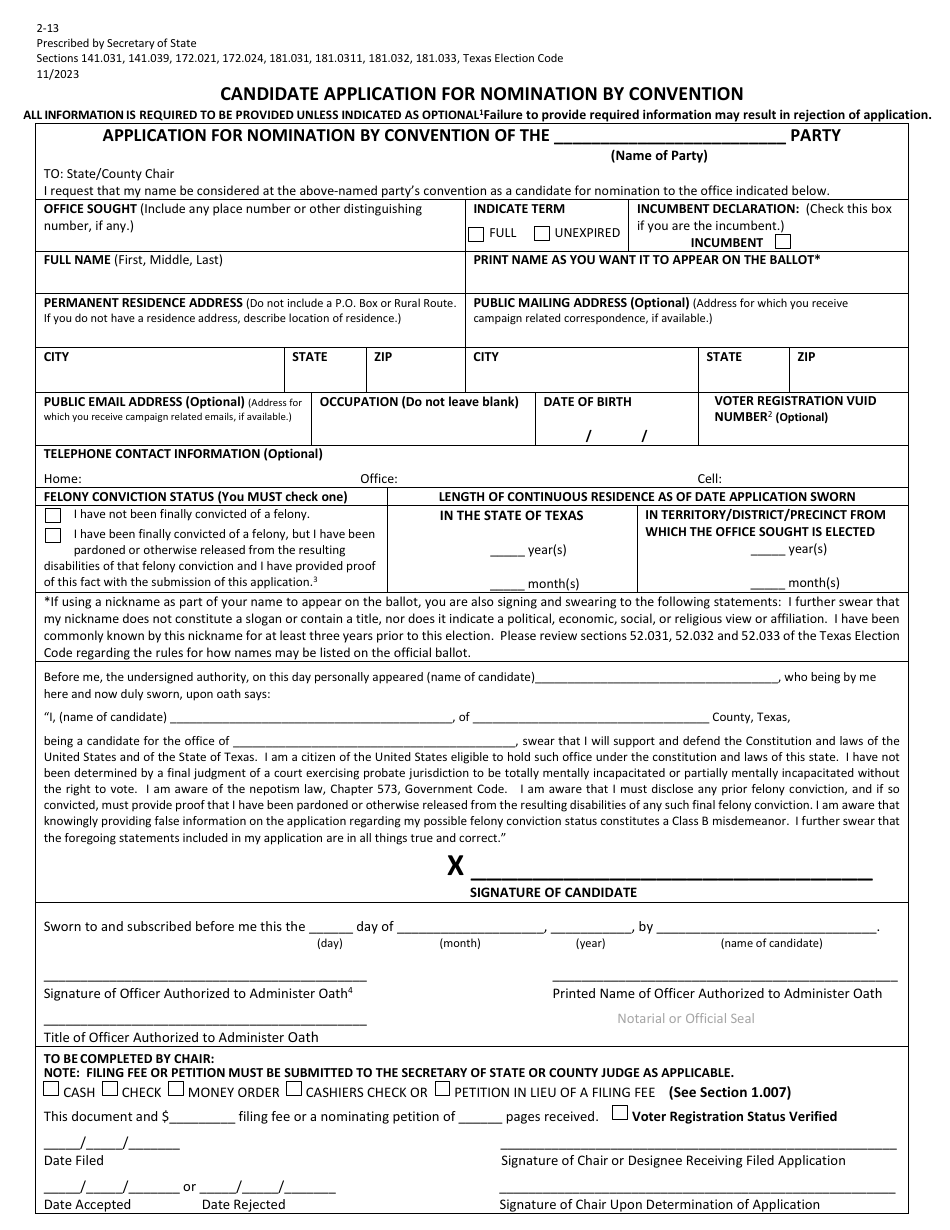 Form 2-13 Download Fillable PDF or Fill Online Candidate Application for Nomination by ...