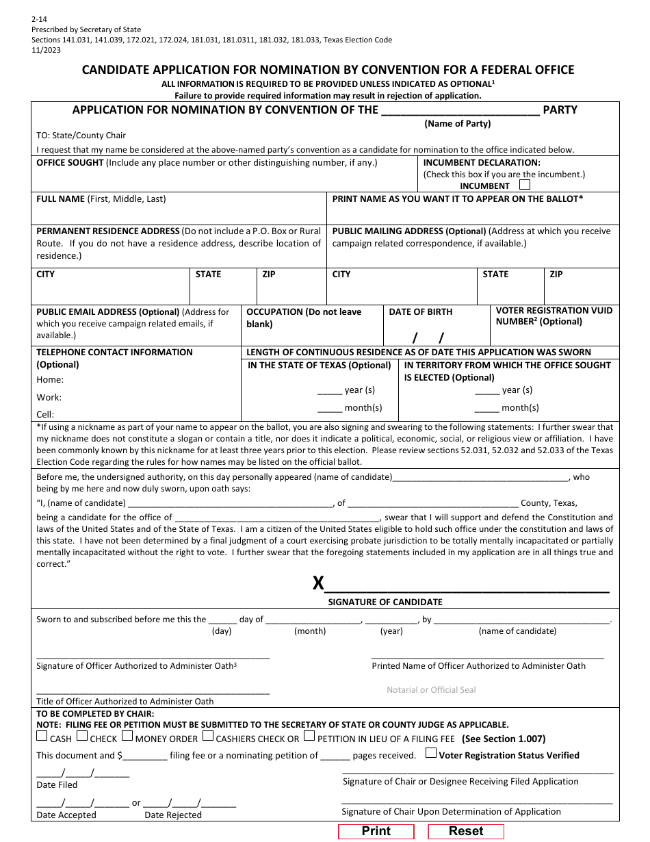 Form 2-14 Download Fillable PDF or Fill Online Candidate Application ...