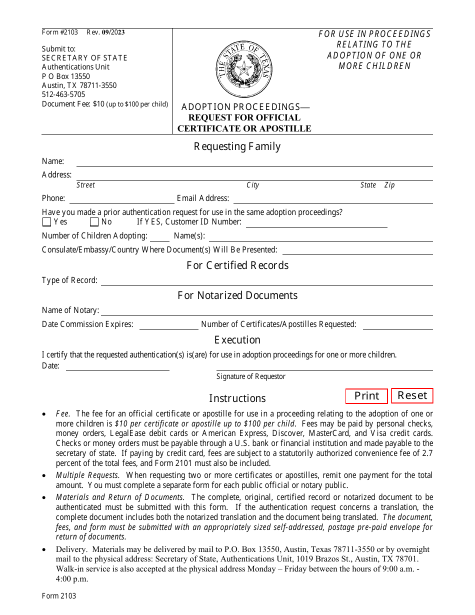 Form 2103 Download Fillable PDF or Fill Online Adoption Proceedings Request for Official ...