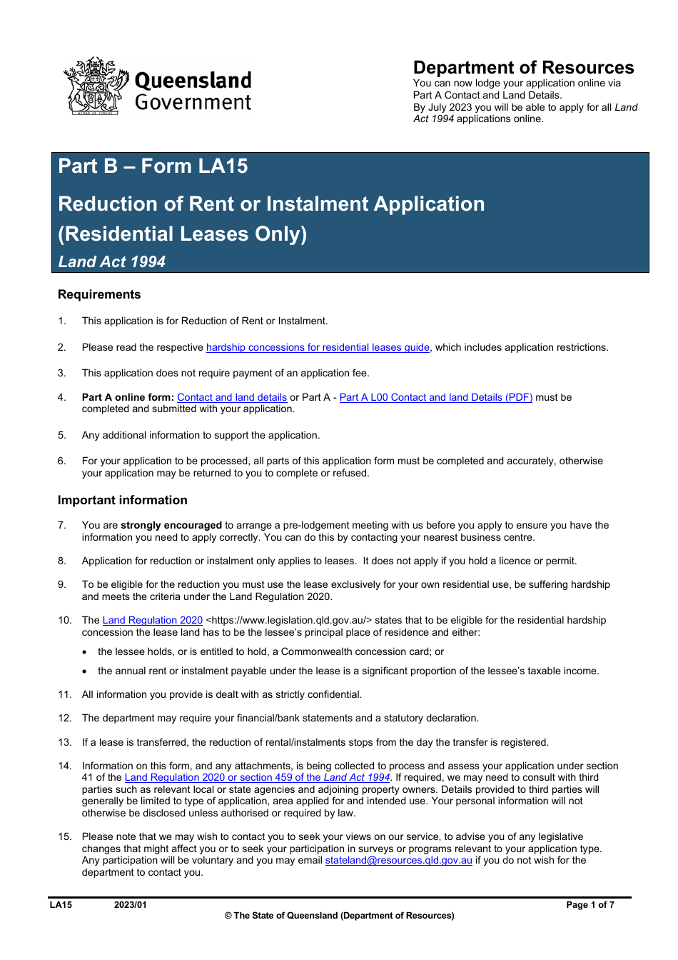 Form LA15 Part B Download Fillable PDF or Fill Online Reduction of Rent ...