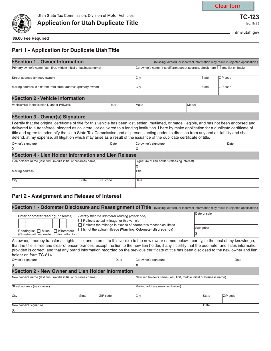 Form TC-123 Download Fillable PDF or Fill Online Application for Utah Duplicate Title, Utah ...