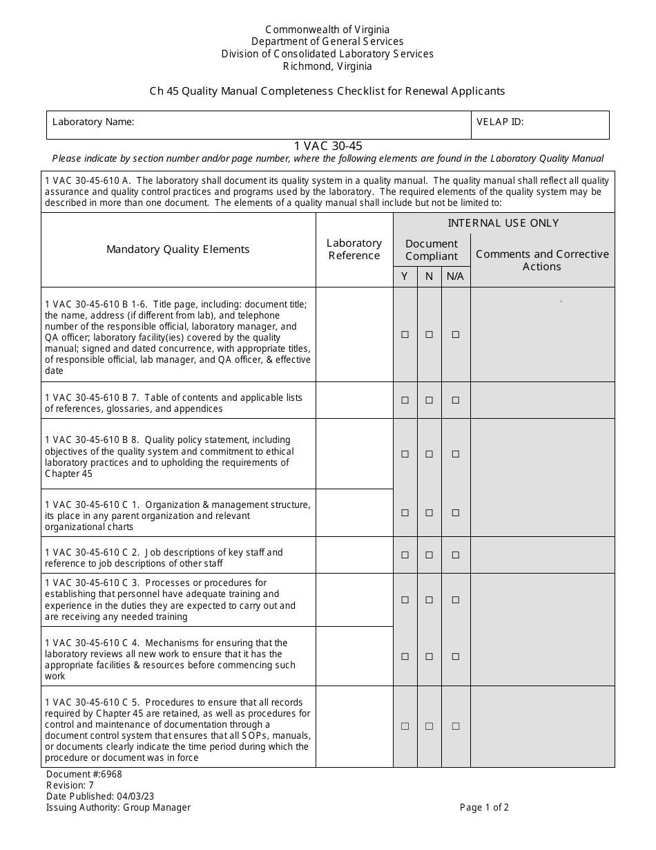 Form 6968 Download Printable PDF or Fill Online Ch 45 Quality Manual ...