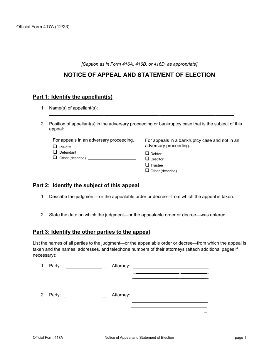 Official Form 417A Download Printable PDF or Fill Online Notice of Appeal and Statement of ...