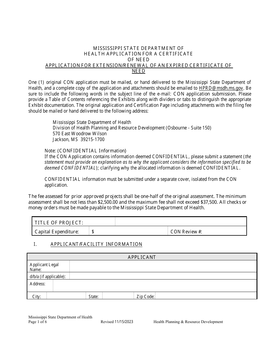 Mississippi Application for Extension/Renewal of an Expired Certificate ...