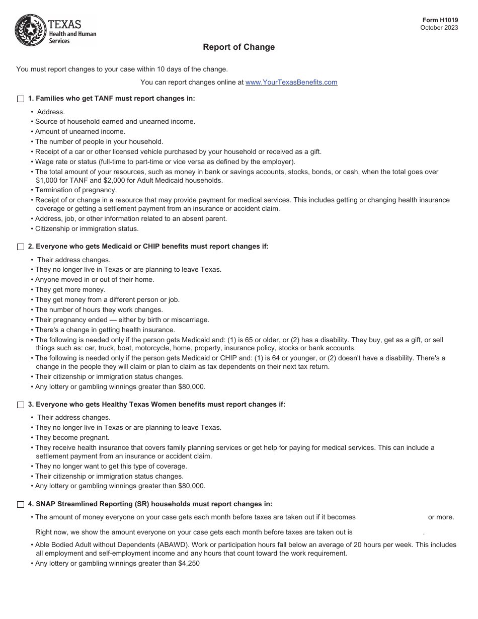 Form H1019 Download Fillable PDF or Fill Online Report of Change, Texas ...