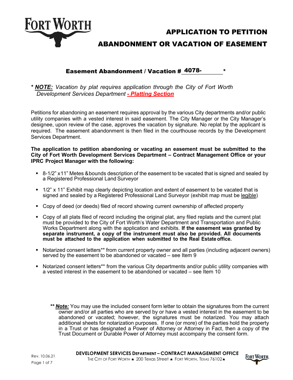 City of Fort Worth, Texas Application to Petition Abandonment or ...