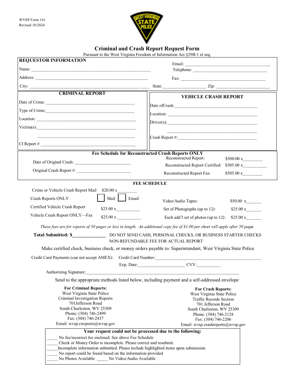 WVSP Form 141 Download Fillable PDF or Fill Online Criminal and Crash Report Request Form, West ...