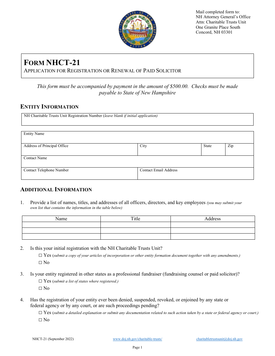 Form NHCT-21 Download Printable PDF or Fill Online Application for ...