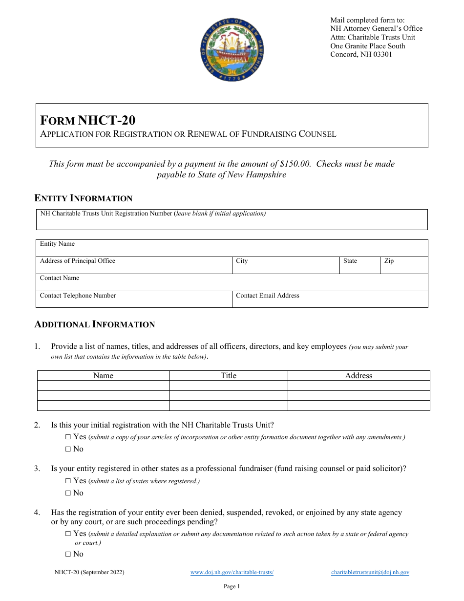 Form NHCT-20 Download Printable PDF or Fill Online Application for ...