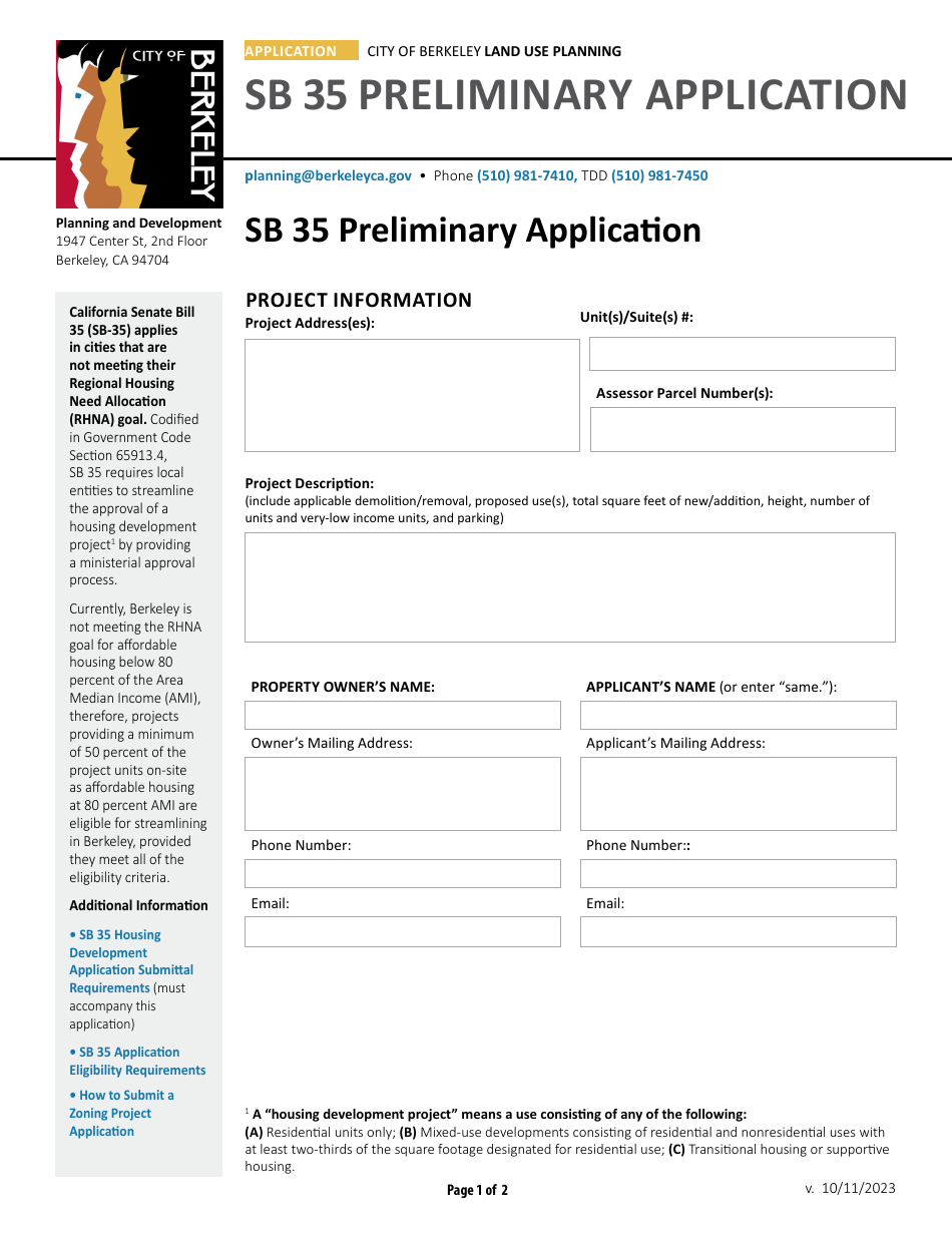 City of Berkeley, California Sb 35 Preliminary Application - Fill Out, Sign Online and Download ...