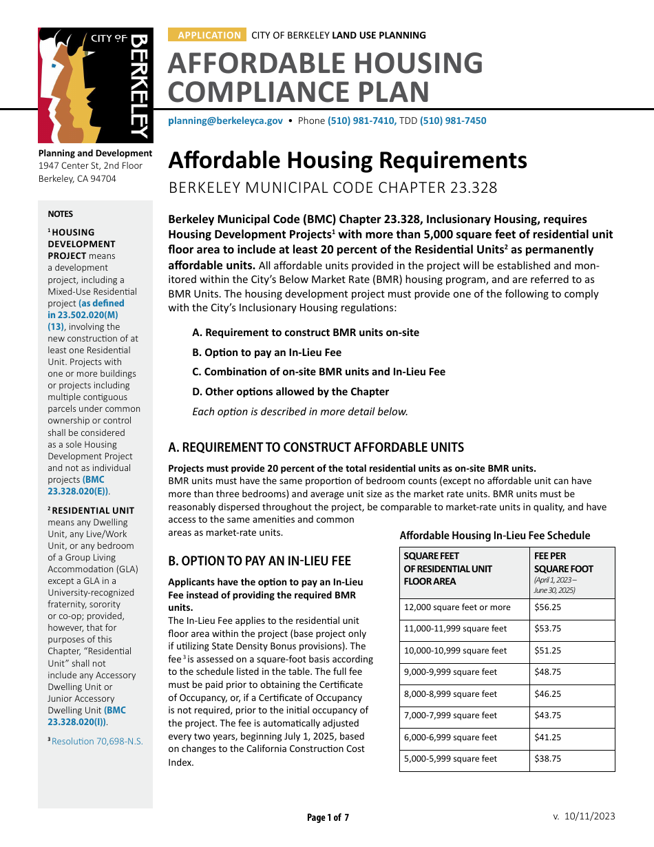 City of Berkeley, California Affordable Housing Compliance Plan Form ...
