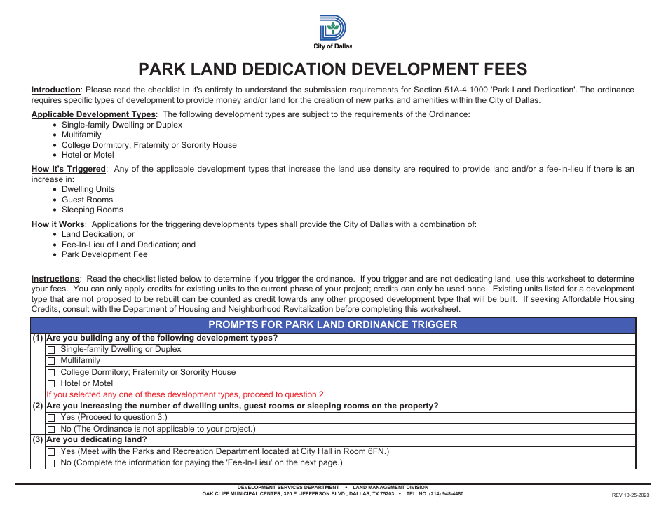 City of Dallas, Texas Park Land Dedication Development Fee-In-lieu ...