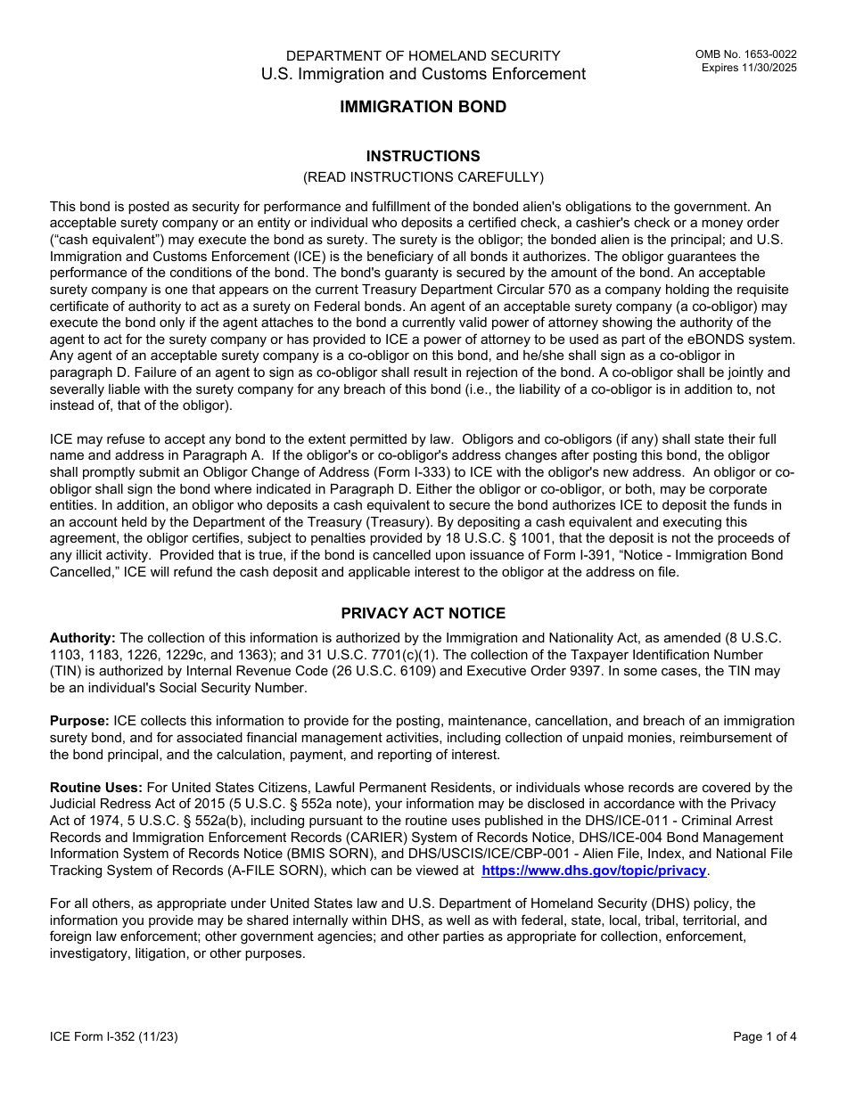 ICE Form I-352 Download Fillable PDF or Fill Online Immigration Bond ...