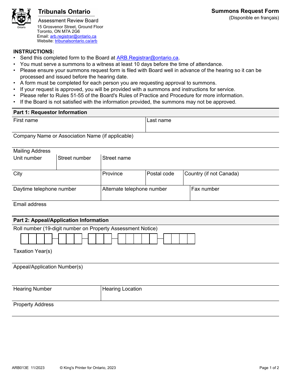 Form ARB013E - Fill Out, Sign Online and Download Fillable PDF, Ontario ...