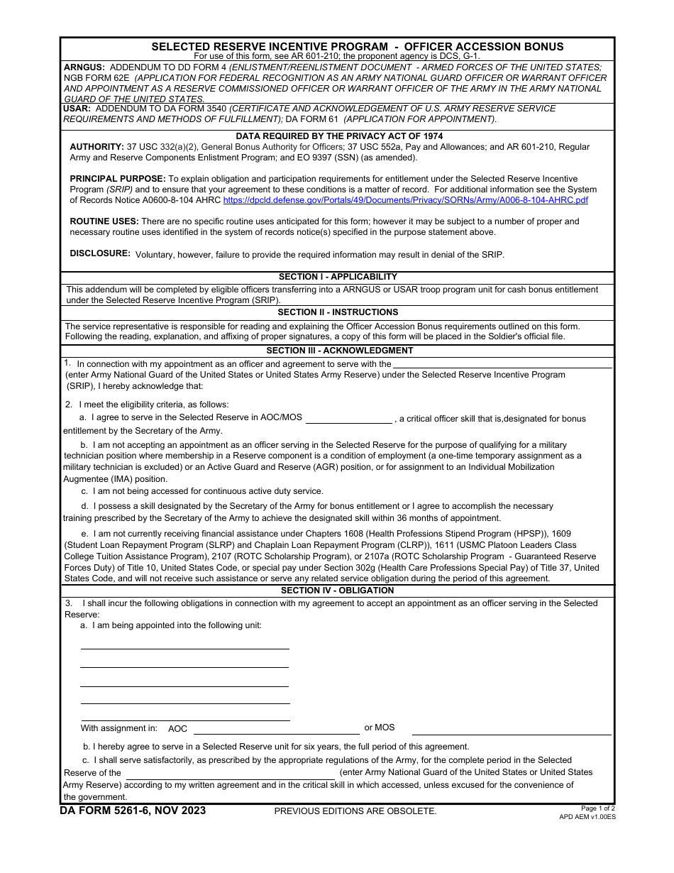 DA Form 5261-6 Download Fillable PDF or Fill Online Selected Reserve ...