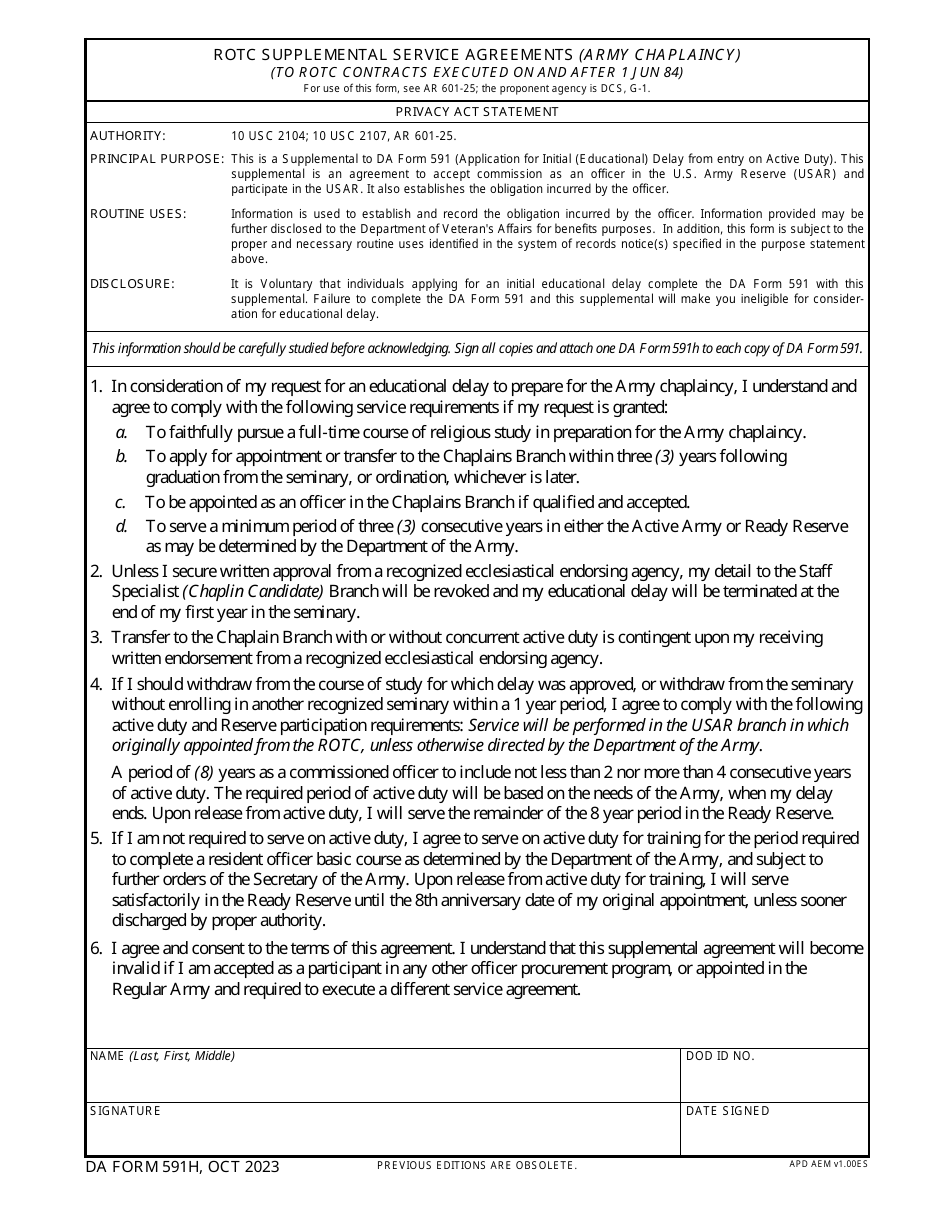 DA Form 591H Download Fillable PDF Or Fill Online Rotc Supplemental DA Form 591H Download Fillable PDF Or Fill Online Rotc Supplemental