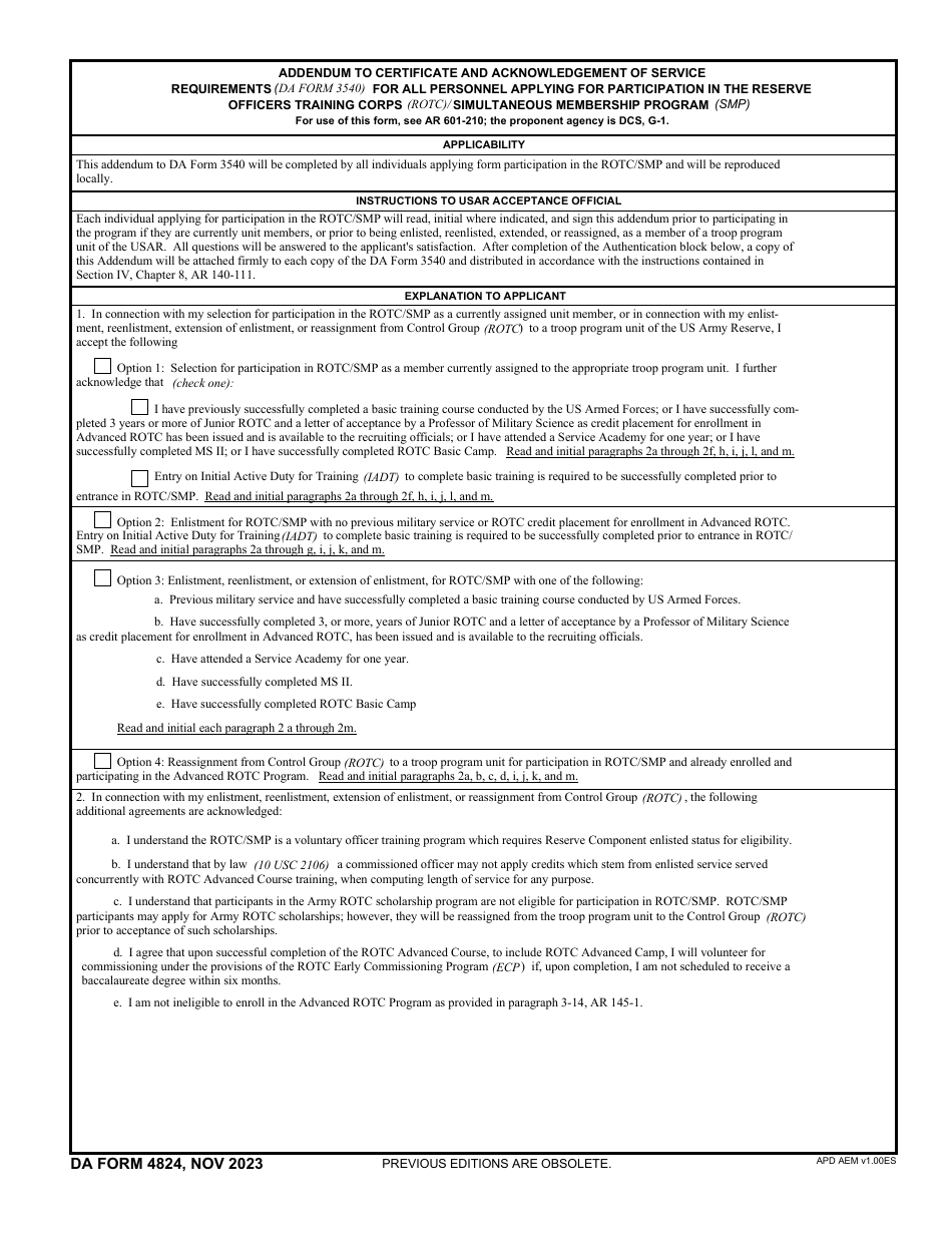 DA Form 4824 Download Fillable PDF or Fill Online Addendum to ...