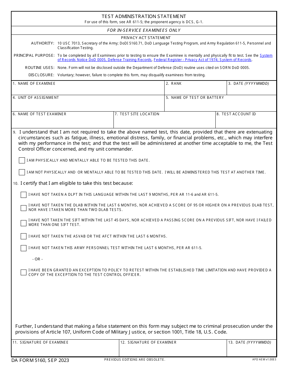DA Form 5160 Download Fillable PDF or Fill Online Test Administration ...