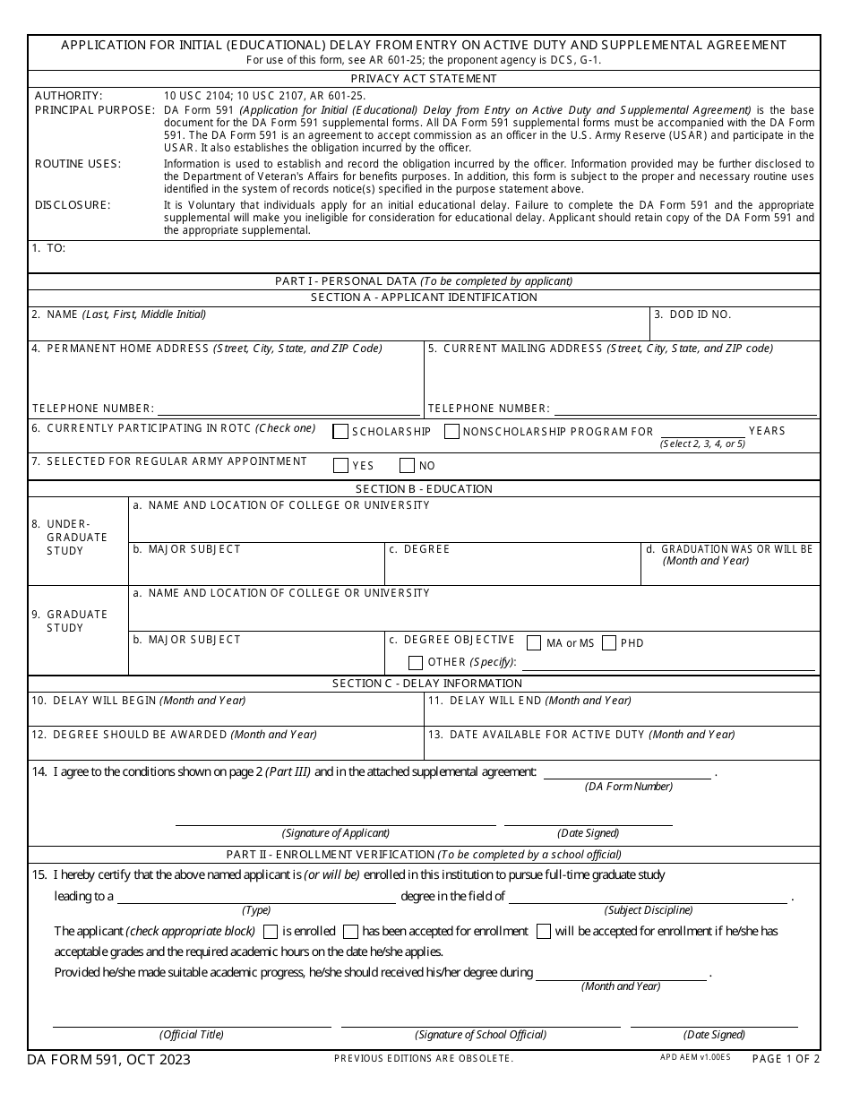 DA Form 591 Download Fillable PDF or Fill Online Application for ...