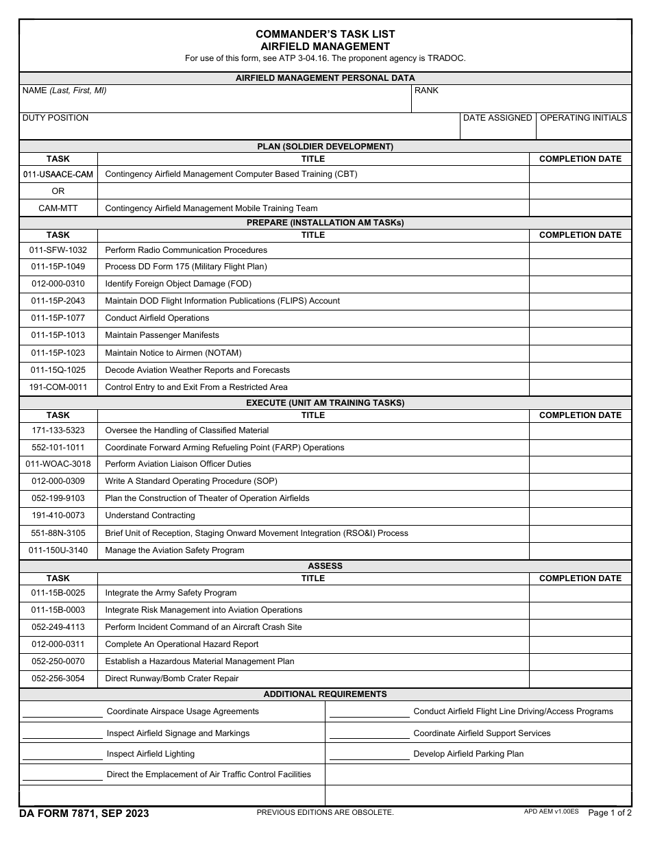 DA Form 7871 Download Fillable PDF or Fill Online Commander's Task List ...