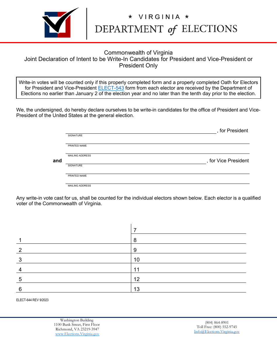 Form ELECT-644 Download Printable PDF or Fill Online Joint Declaration ...
