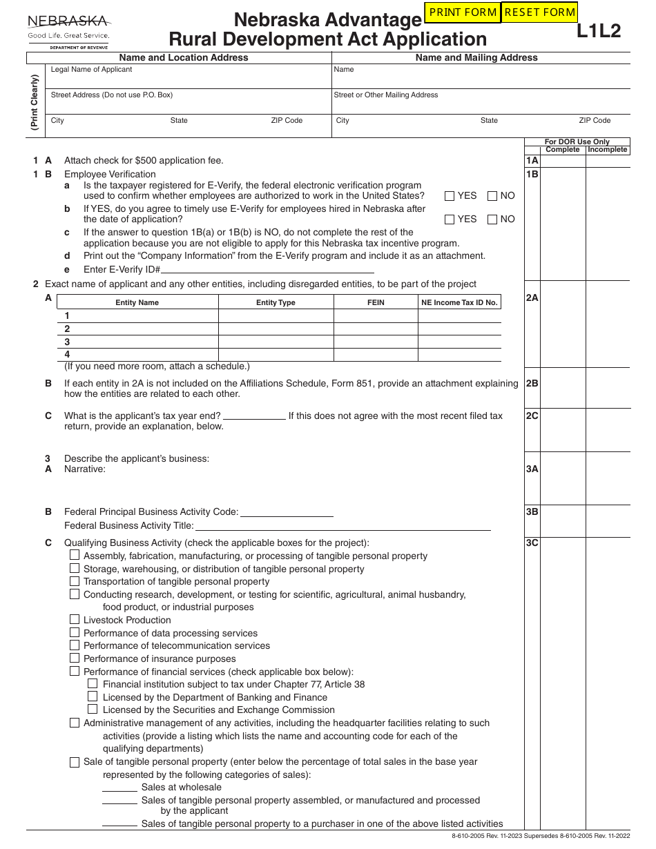 Form L1L2 Download Fillable PDF or Fill Online Nebraska Advantage Rural ...