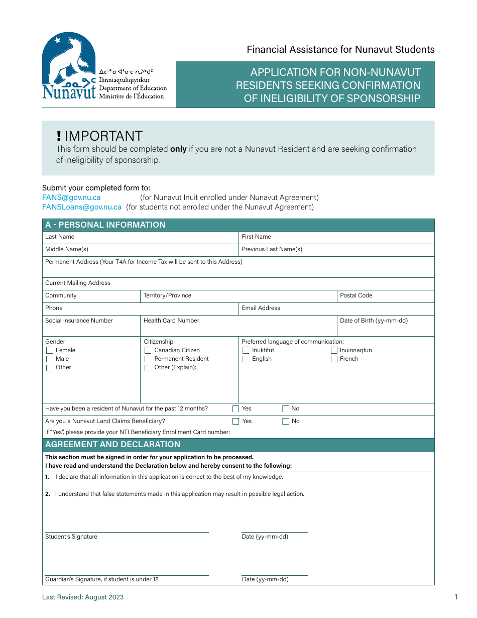 Nunavut Canada Application for Non-nunavut Residents Seeking ...