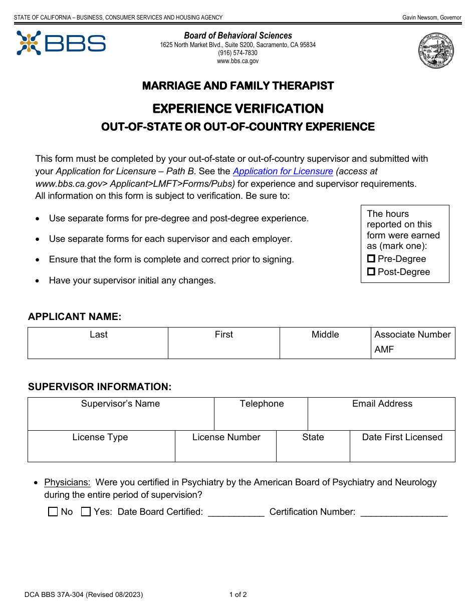 Form DCA BBS37A-304 - Fill Out, Sign Online and Download Fillable PDF ...