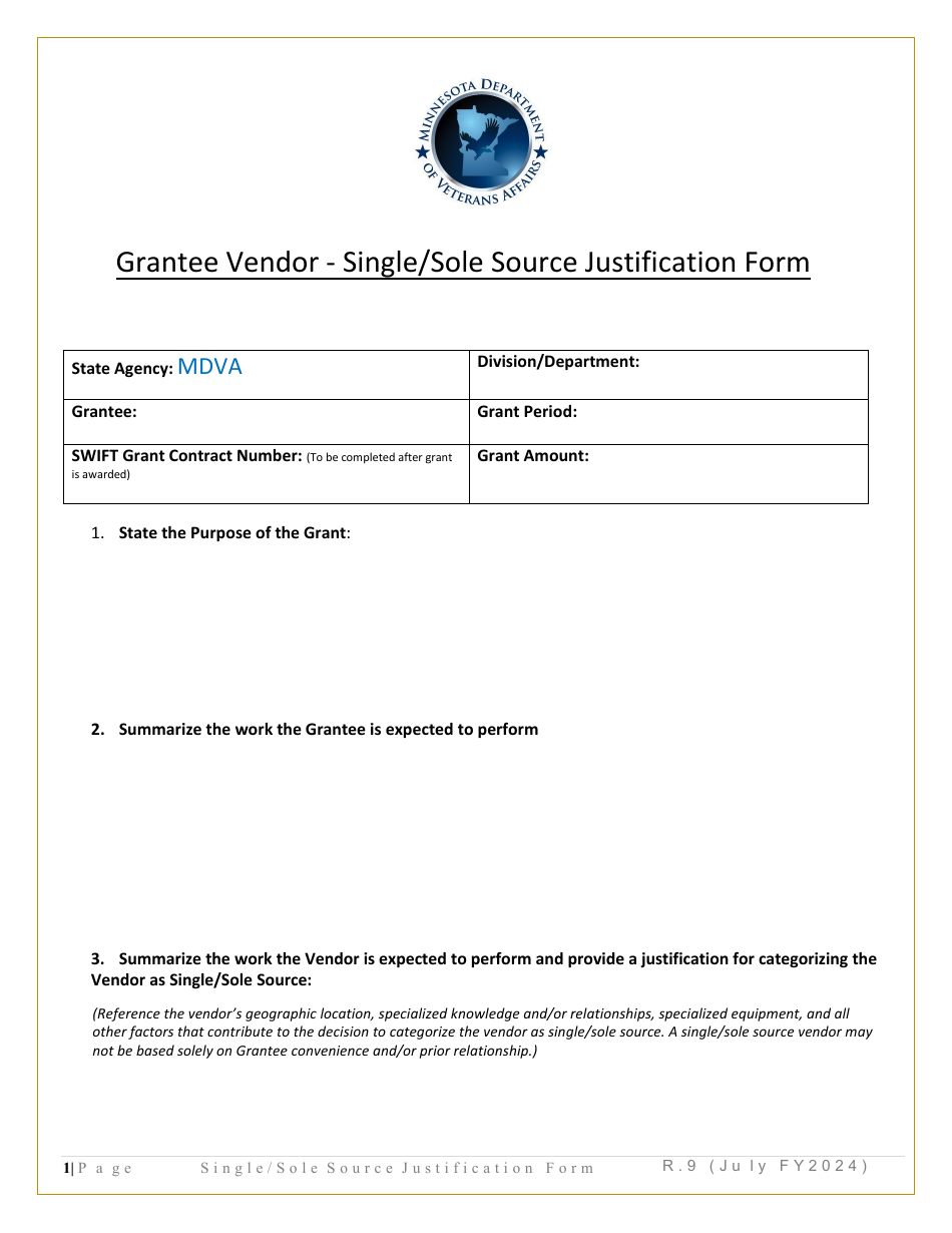 2024 Minnesota Grantee Vendor - Single/Sole Source Justification Form ...