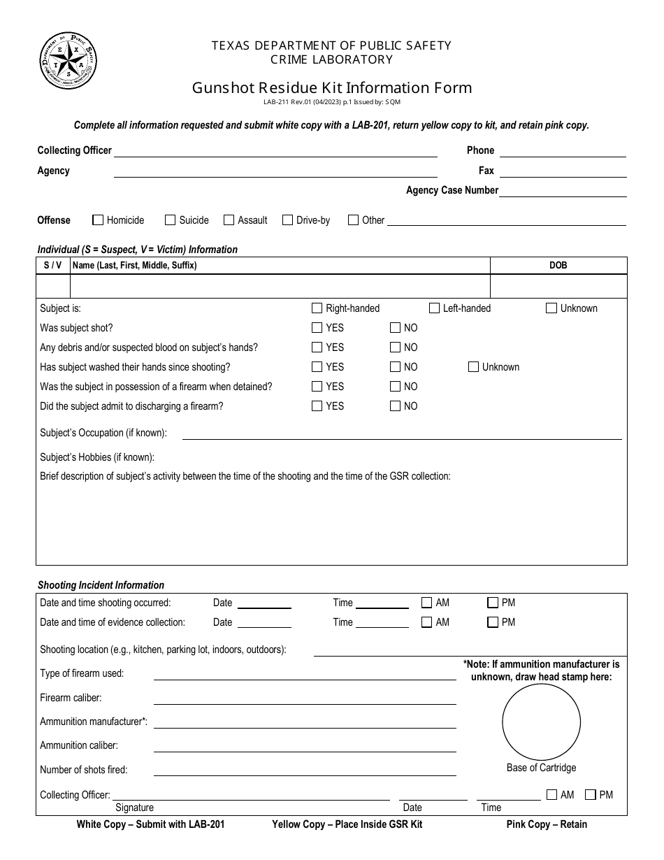 Form LAB-211 Download Printable PDF or Fill Online Gunshot Residue Kit ...