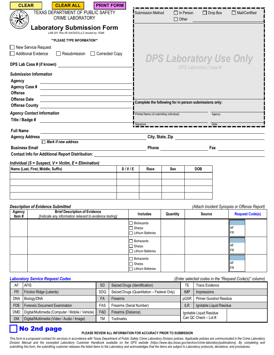 Form LAB-201 Download Fillable PDF or Fill Online Laboratory Submission ...