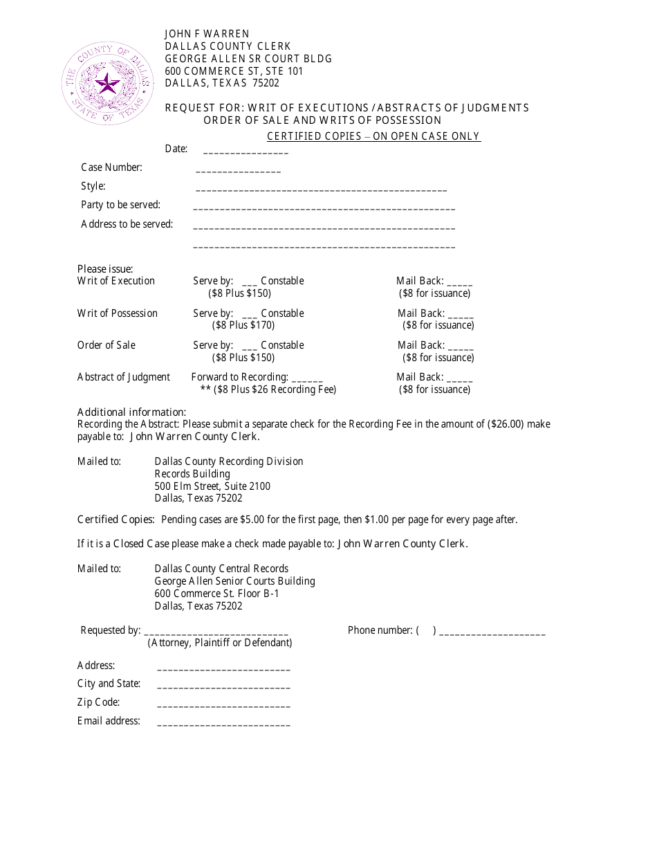 Dallas County, Texas Request for: Writ of Executions/Abstracts of ...