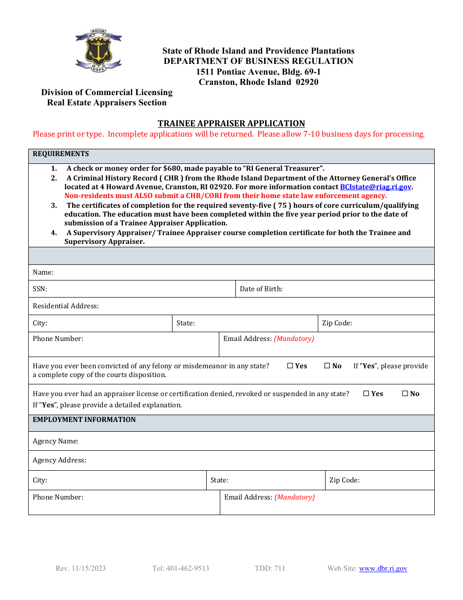 Rhode Island Trainee Appraiser Application Download Printable PDF | Templateroller
