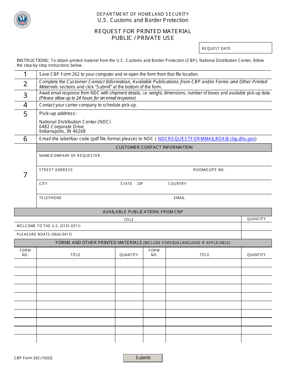 CBP Form 262 Download Fillable PDF or Fill Online Request for Printed ...